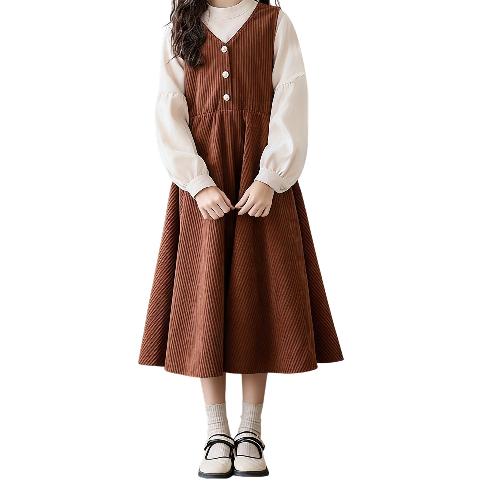 Coerni Girls' Corduroy Overalls Dress Stand Up Collar 2 Piece Shirt ...