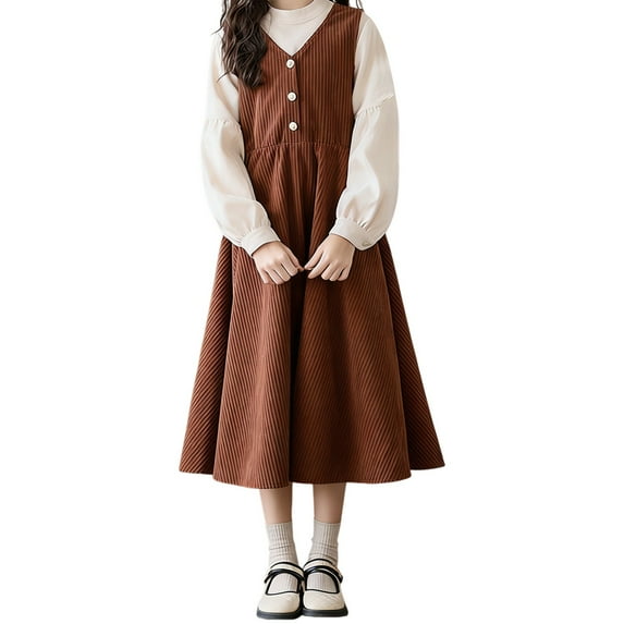 Coerni Girls' Corduroy Overalls Dress Stand Up Collar 2 Piece Shirt ...