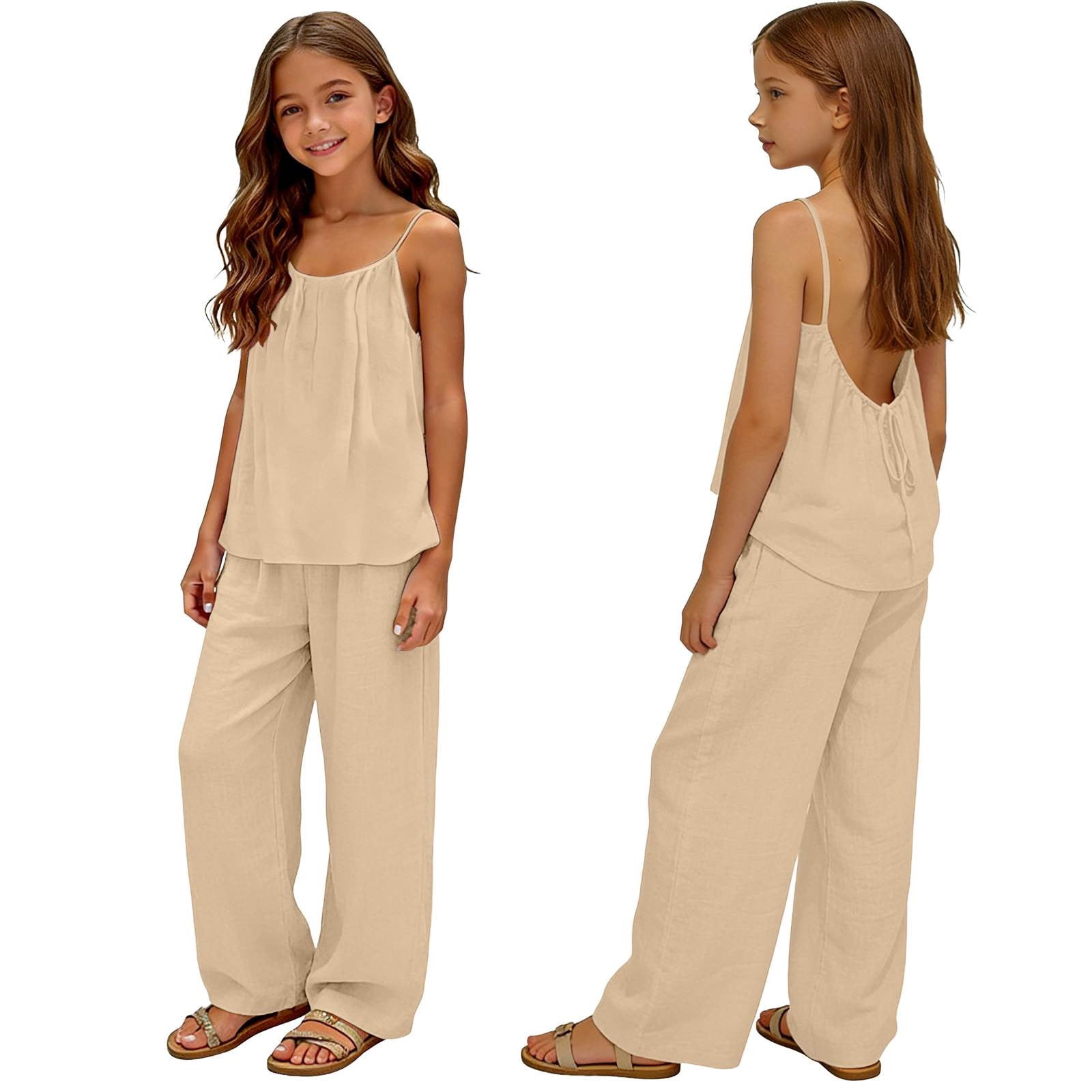 Coerni Girls Cotton Linen 2 Piece Outfits Tween Girls Backless Tie Top ...