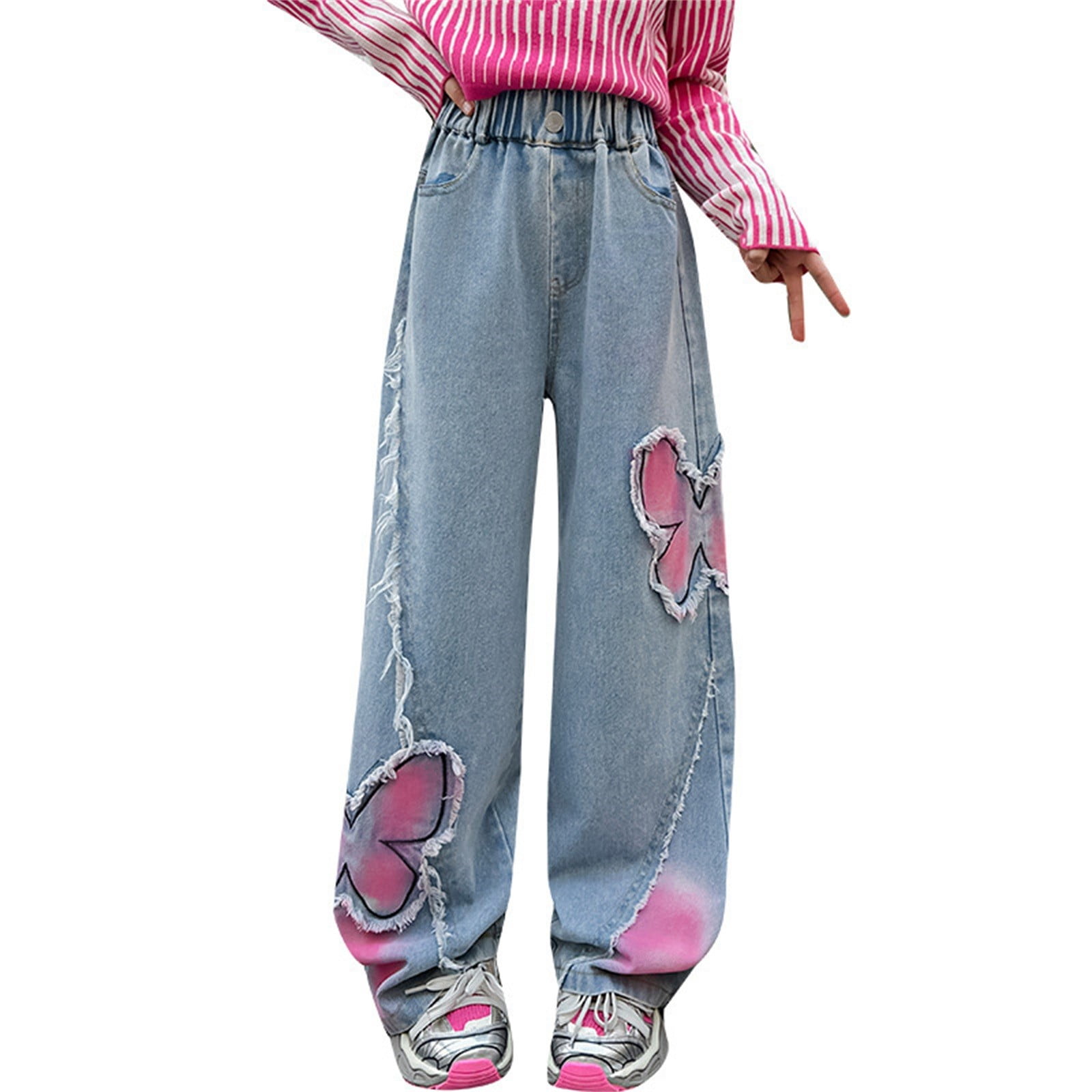 Coerni Girls Cute Butterfly Ripped Denim Pants Elastic High Waist Baggy ...