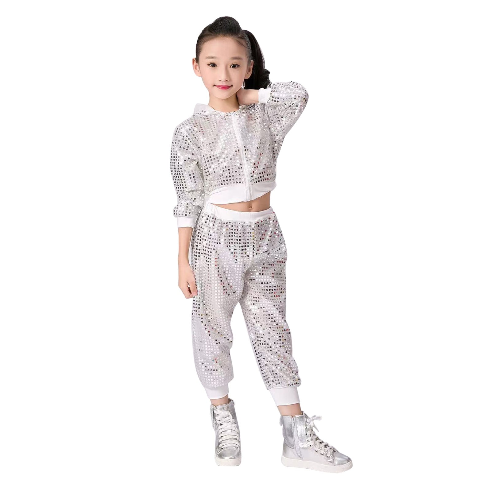 Coerni Girls Dance Outfits Cropped Sequin Jacket Metallic Pants Set ...