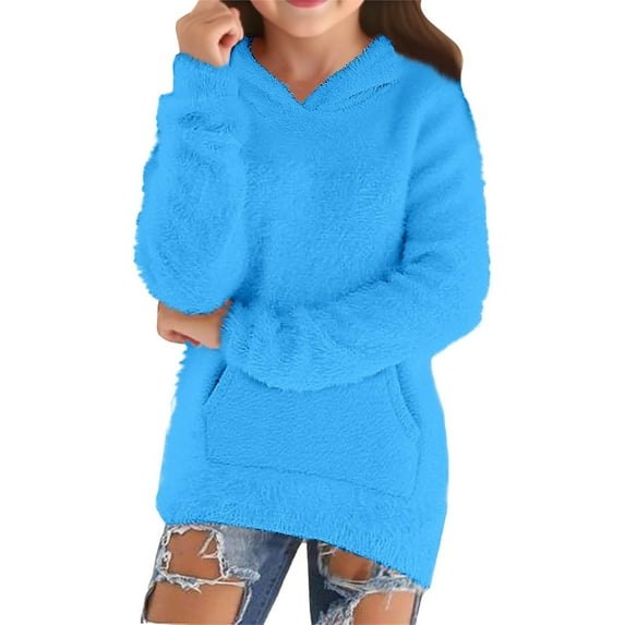 Coerni Girls Fuzzy Hooded Pullover with Pocket Solid Color Long Sleeve ...