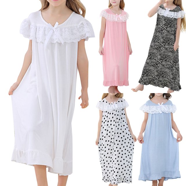 Coerni Girls Lace Nightgown Plain Kids Ruffle Pajamas Dress Striped ...