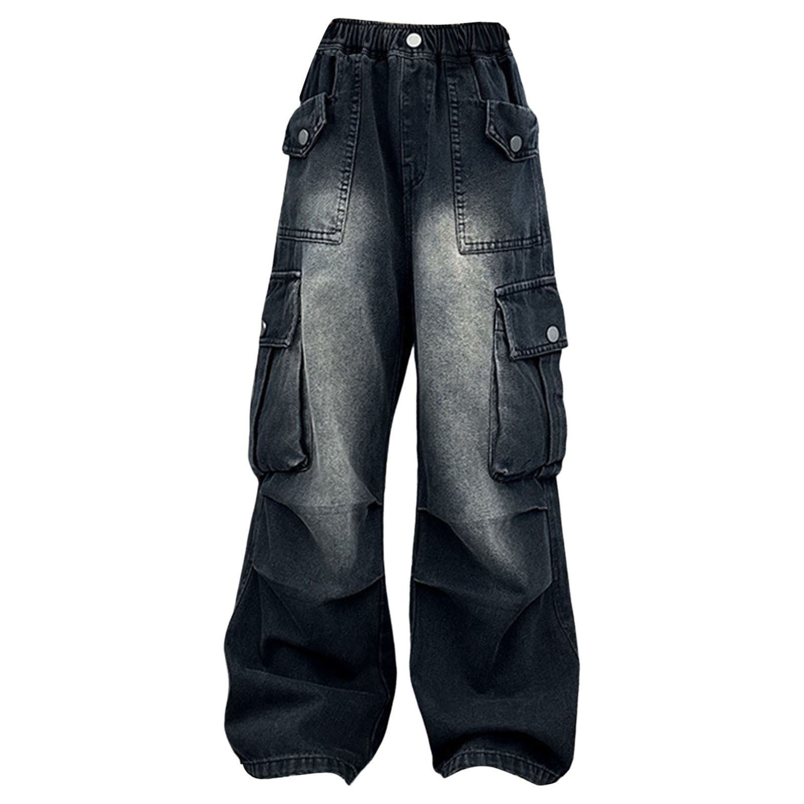 Coerni Girls Oversize Baggy Cargo Denim Pants High Waist Wide Leg Multi ...
