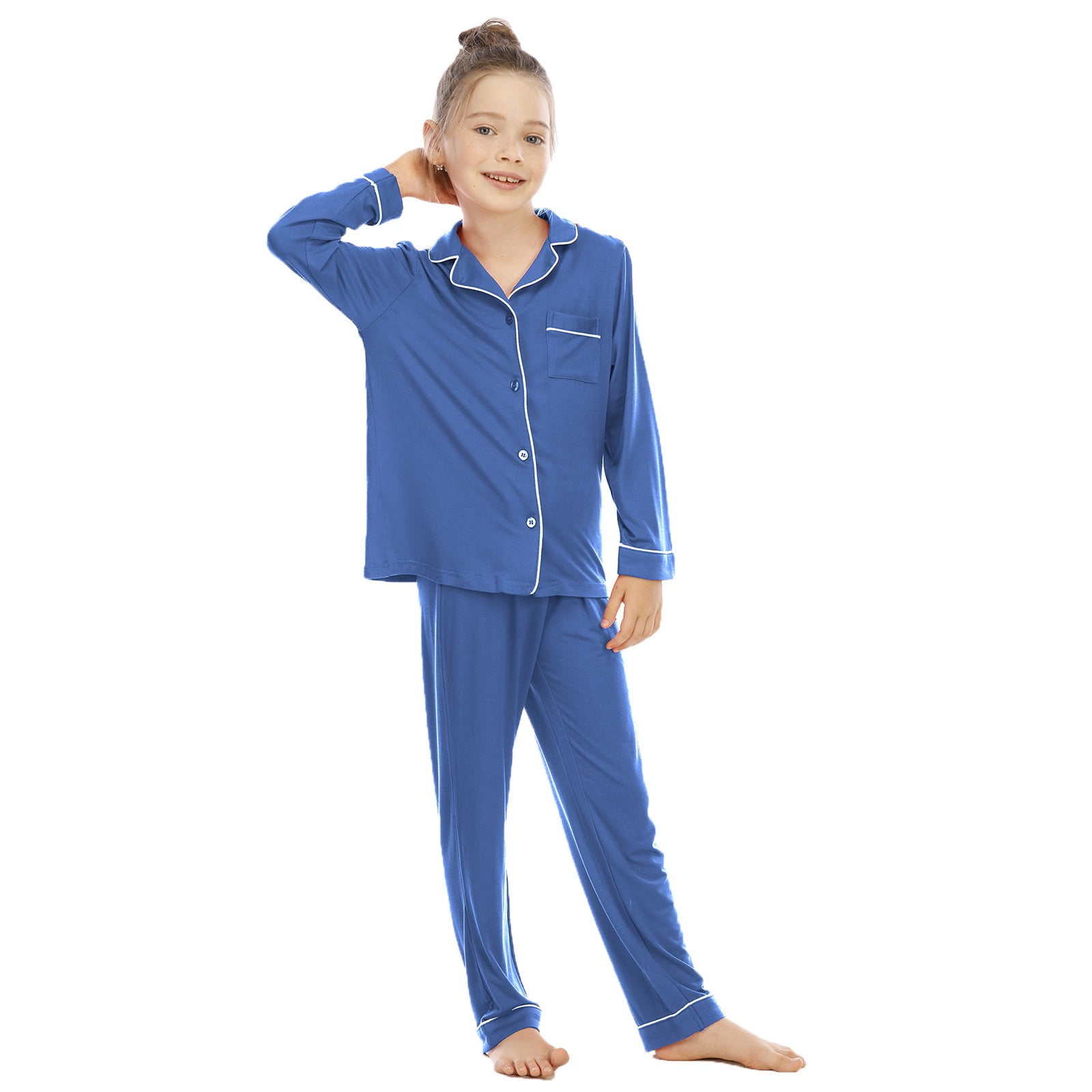 Coerni Girls Pajamas Set, Girls Boys Cotton Pajamas 2 Piece Solid Long Sleeve Sleepwear Button ...