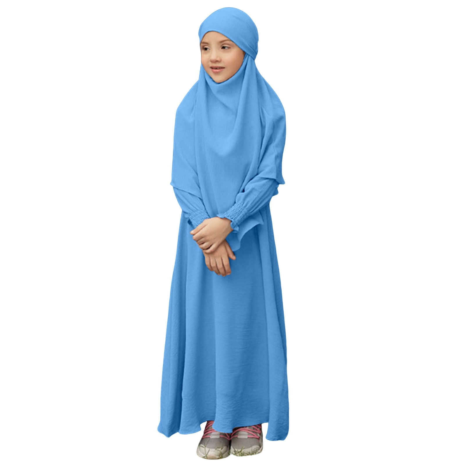Coerni Girls Plain Abaya Hijabs Set Kids Muslim Prayer Dresses Ruffles ...