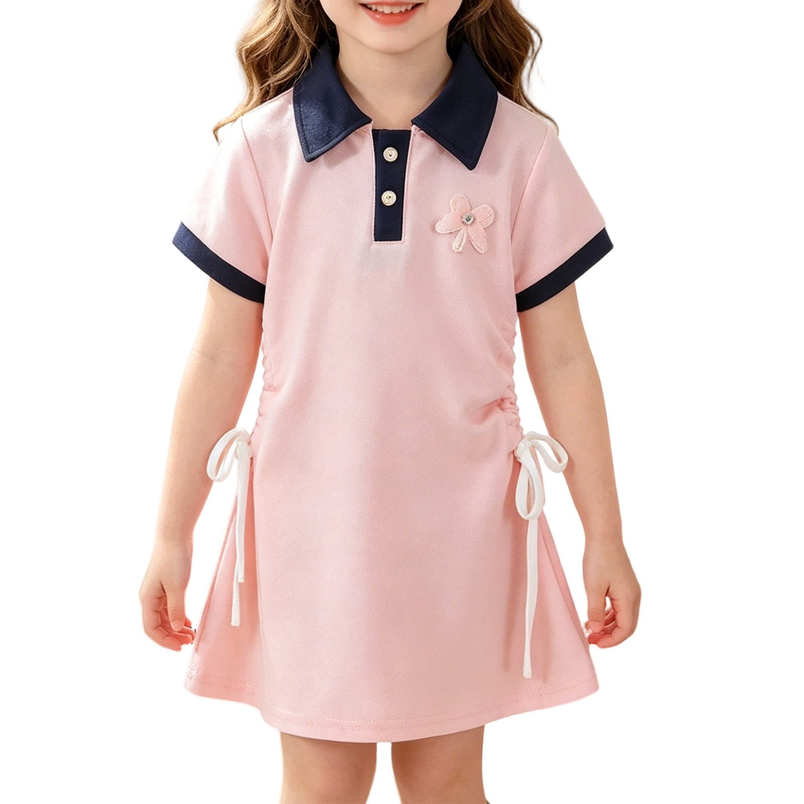Coerni Girls Preppy Dress Butterfly Embroidered Short Sleeve Lapel ...