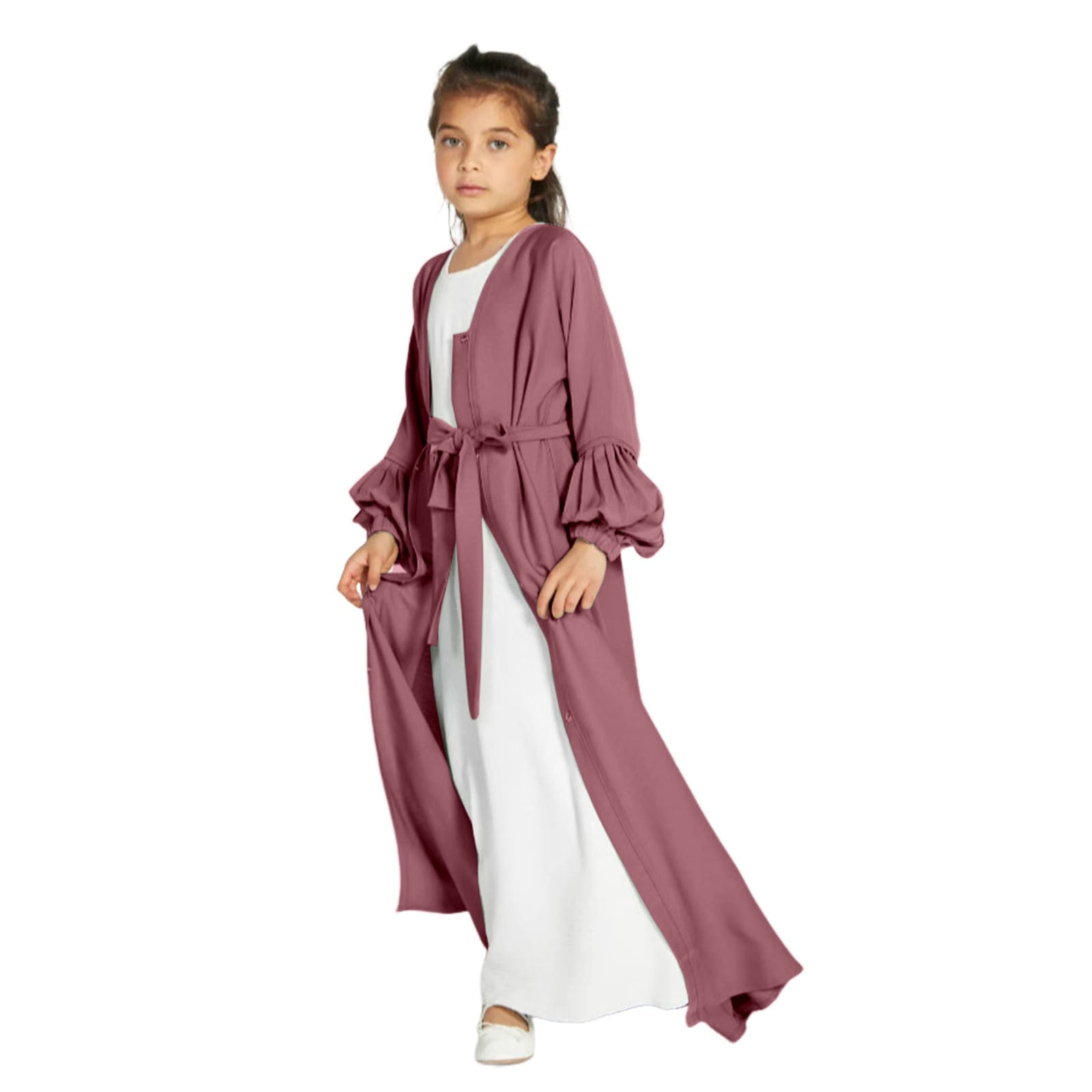 Coerni Girls Ramadan Muslim Robe Dress Sets Plain Color Ruffle Puff ...