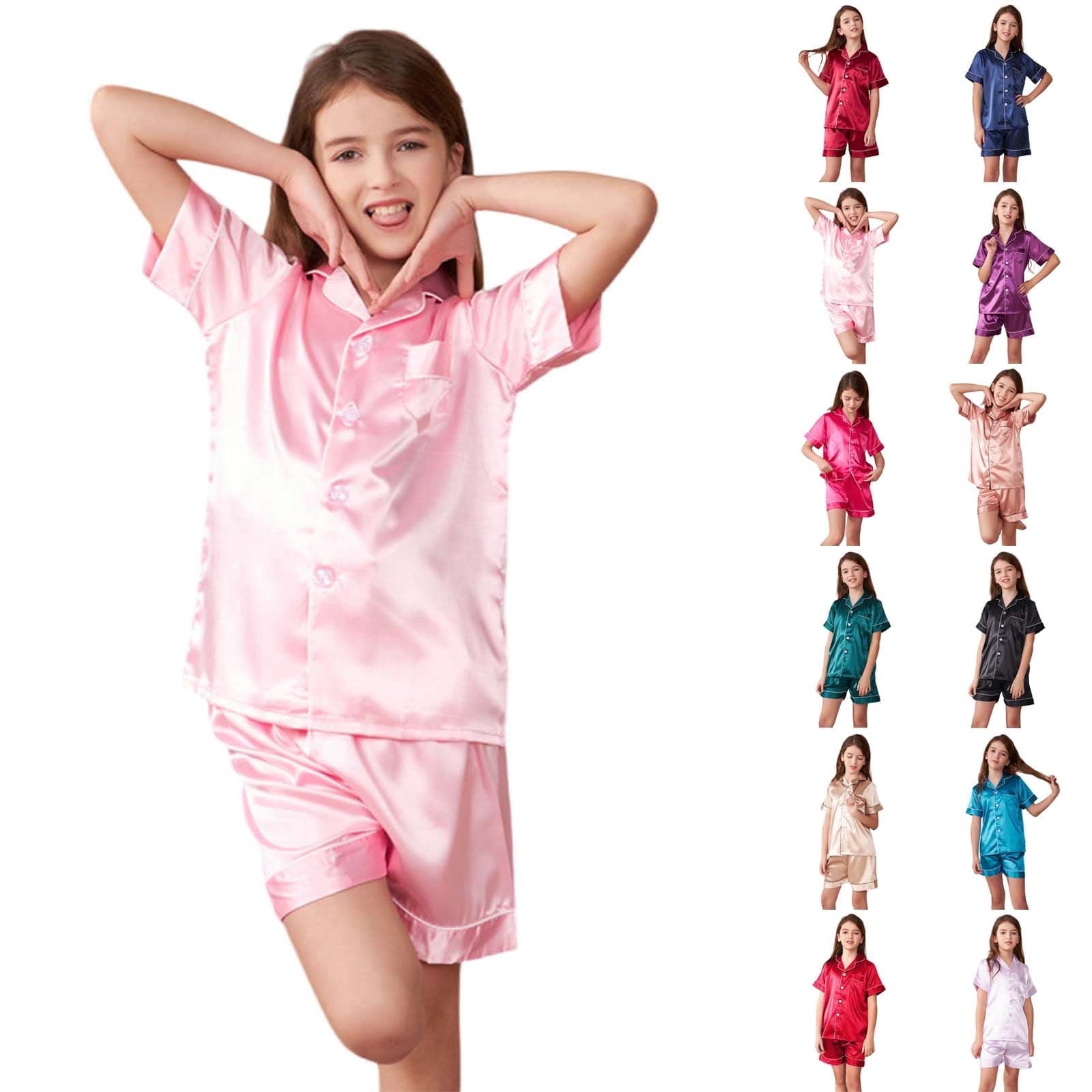 Coerni Girls Short Sleeve Silk Pajamas 2 Piece Kids Button Down Pjs ...