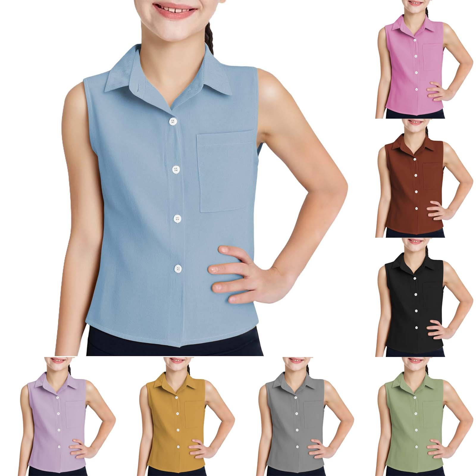 Coerni Girls Sleeveless Tunic Blouse Summer Button Up Teens Single ...