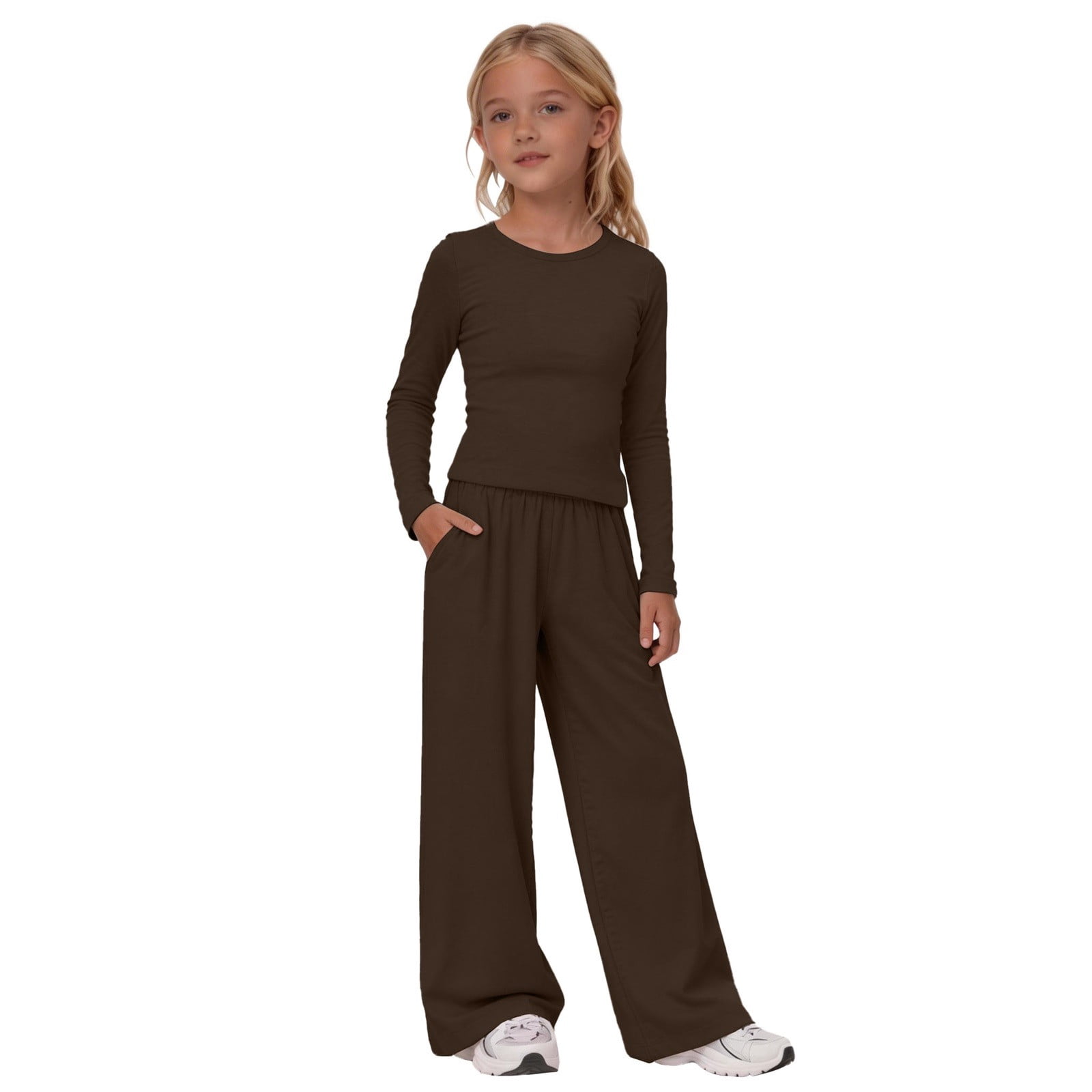 Coerni Girls Solid Summer Outfits 2 Piece Long Sleeve Top Wide Leg ...