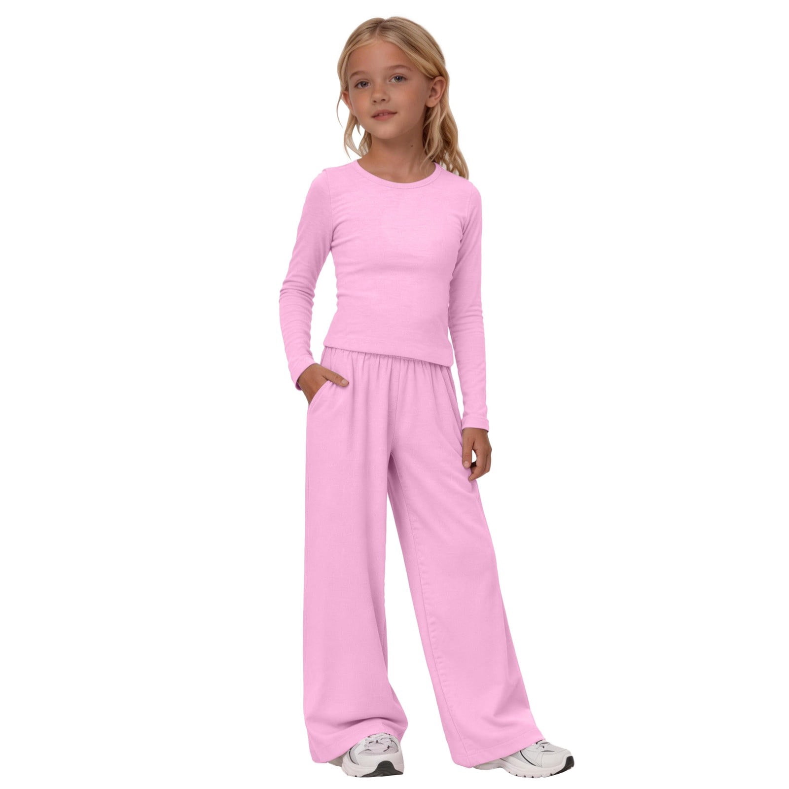 Coerni Girls Solid Summer Outfits 2 Piece Long Sleeve Top Wide Leg ...