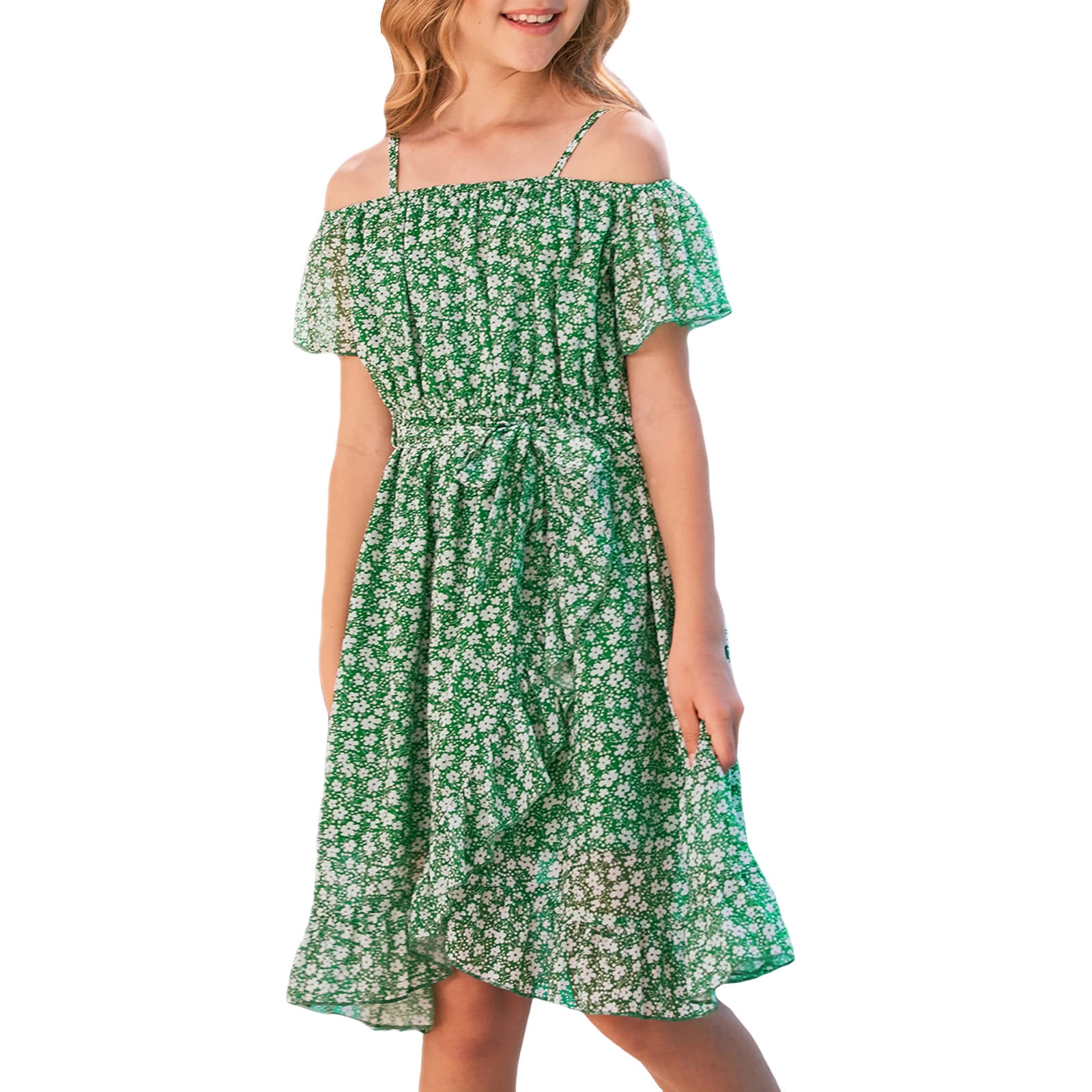 Coerni Girls Summer Dress Floral Ruffle Sundress Cold Shoulder Casual ...