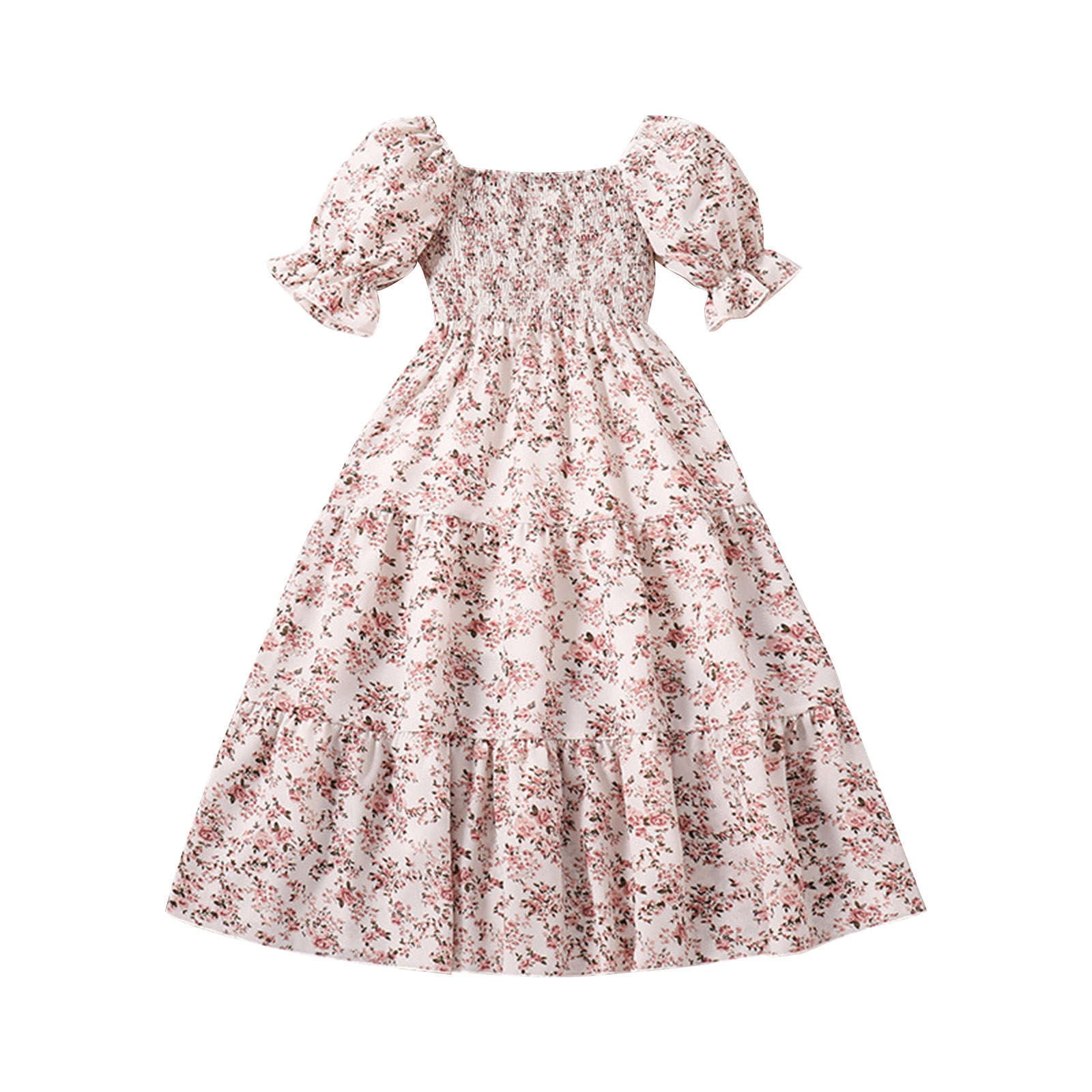 Coerni Girls' Summer Floral Dress Kids 2024 Puff Sleeve Square Neck ...