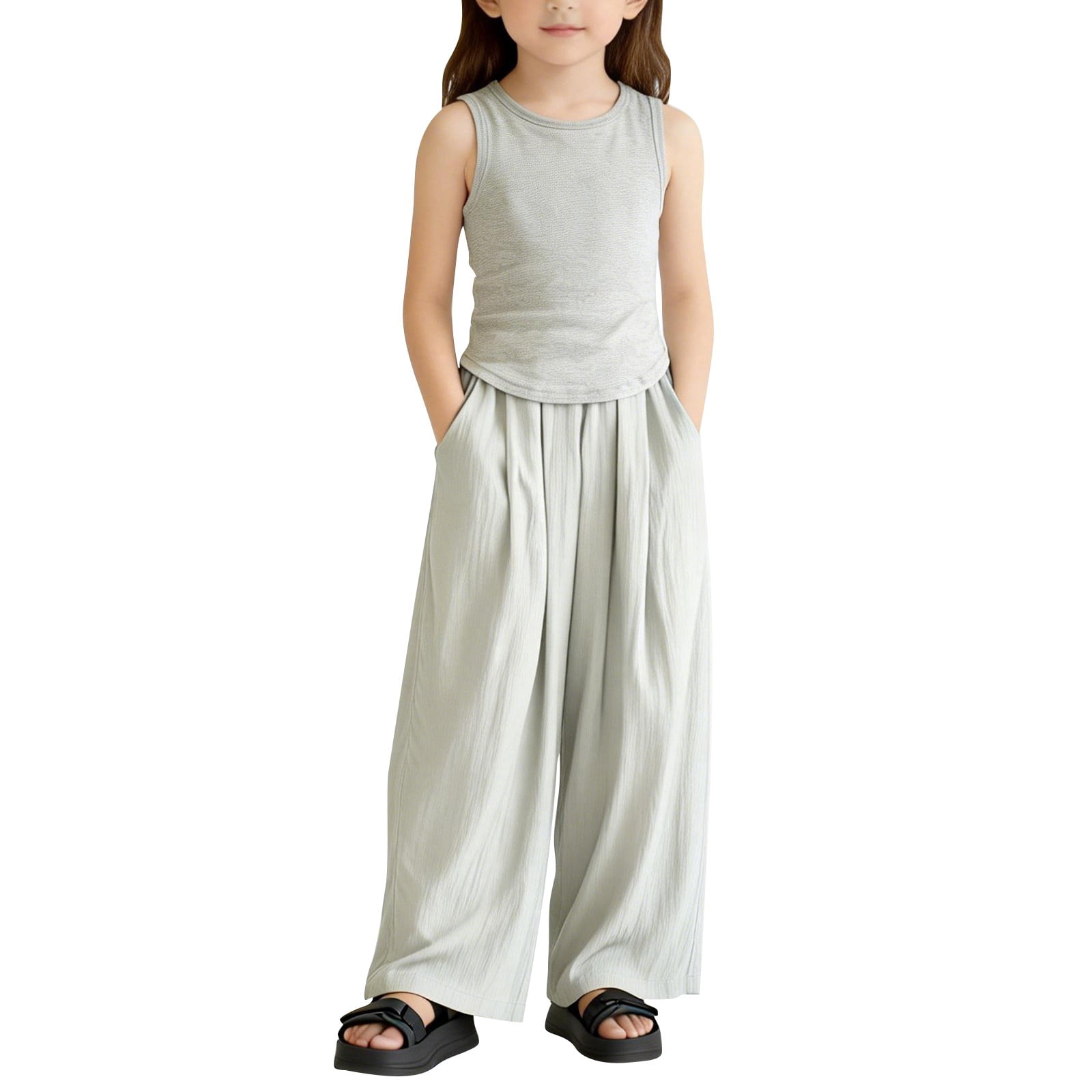 Coerni Girls Wide Leg Pants Kids Linen Clothes Flowy Loose Fit Palazzo ...