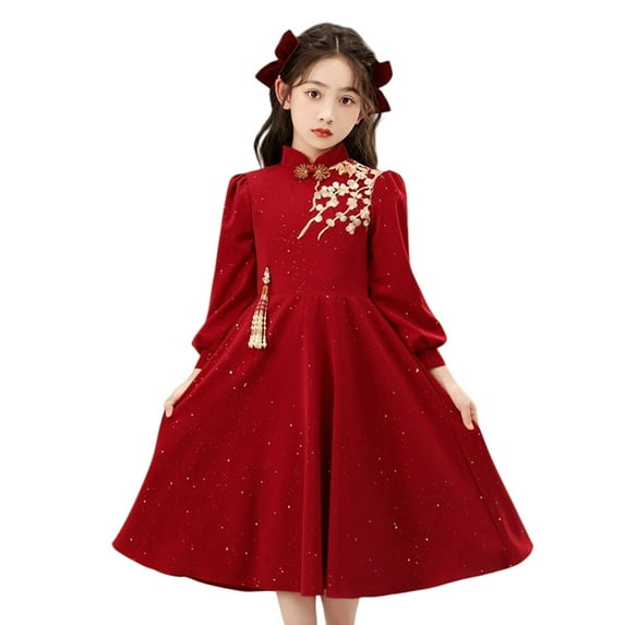Coerni Kids Girls Chinese Dress Puff Sleeves Stand Collared Traditional ...