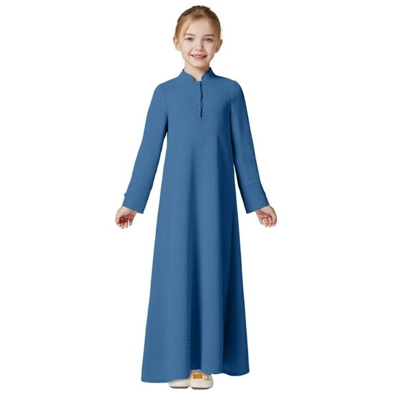 Coerni Kids Girls Solid Color Muslim Dress for Girl Abaya Half Button ...