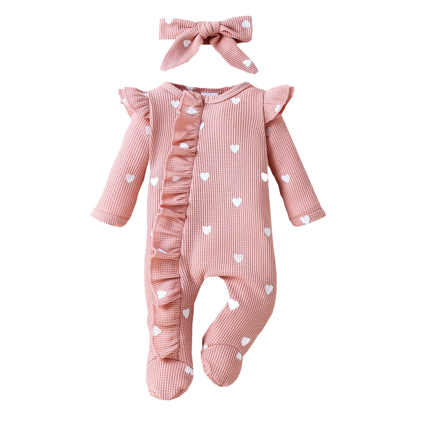 Coerni New Born Baby Girls Ribbed Jumpsuit Headband Set Heat Print ...