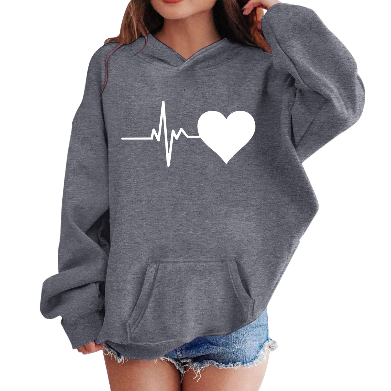 Coerni Oversized Hoodie Sweatshirts for Girls Heartbeat Heart Print ...