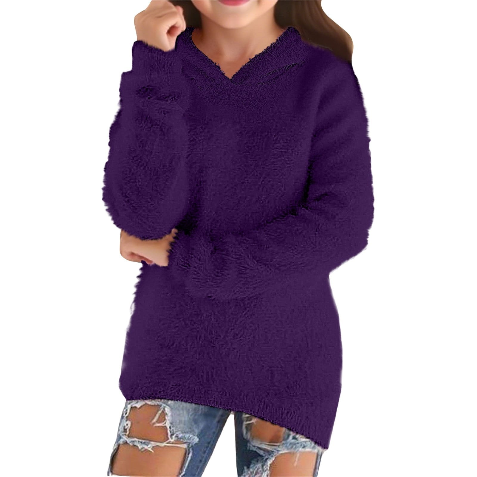 Coerni Teen Girls V-Neck Long Sleeve Plush Pullover Soft Fuzzy Trendy ...
