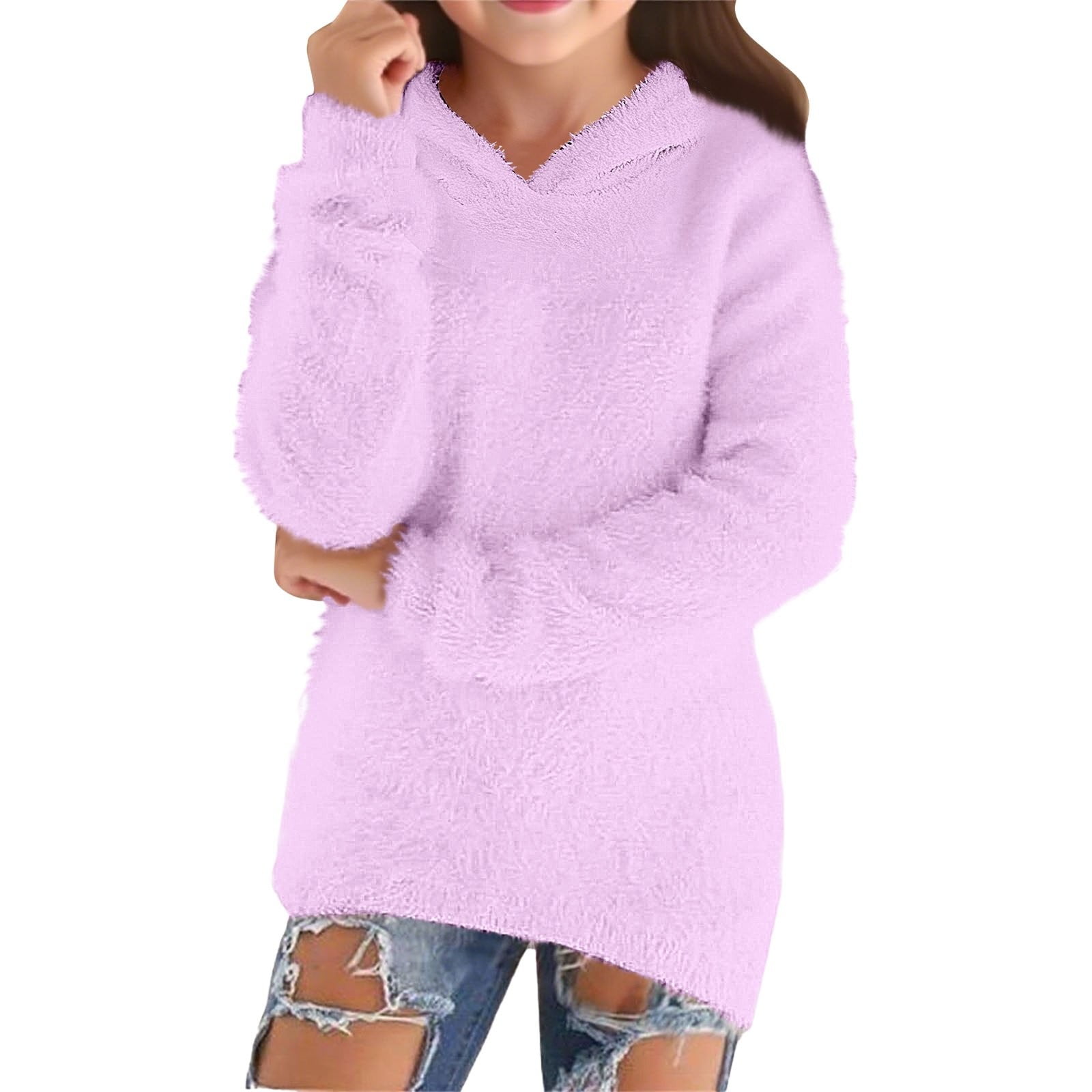 Coerni Teen Girls V-Neck Long Sleeve Plush Pullover Soft Fuzzy Trendy ...