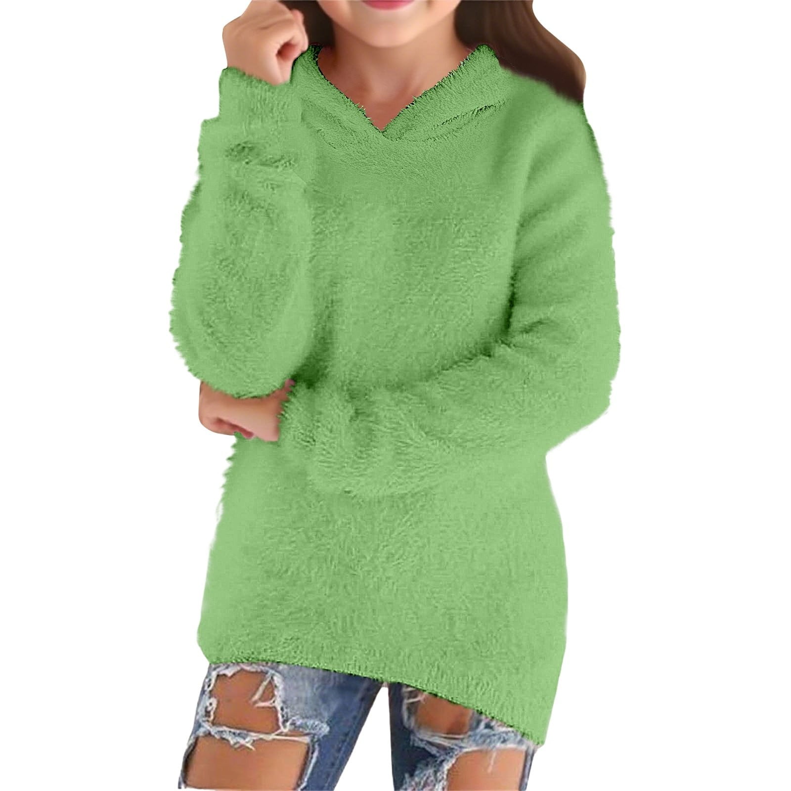 Coerni Teen Girls V-Neck Long Sleeve Plush Pullover Soft Fuzzy Trendy ...