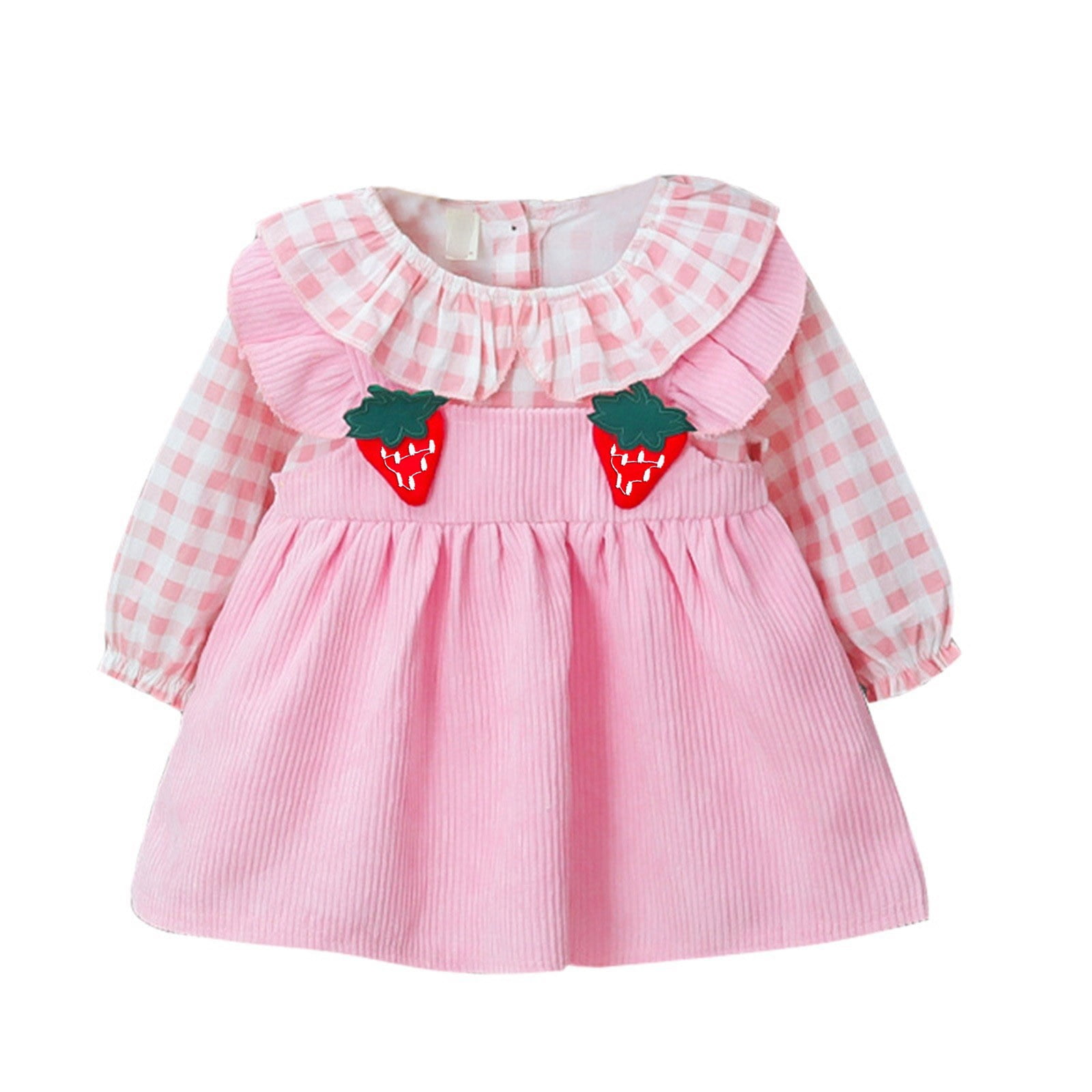 Coerni Toddler Girls Plaid Long Sleeve Dress Corduroy Strawberry Pattern Girls Summer 𝗣eter Pan ...
