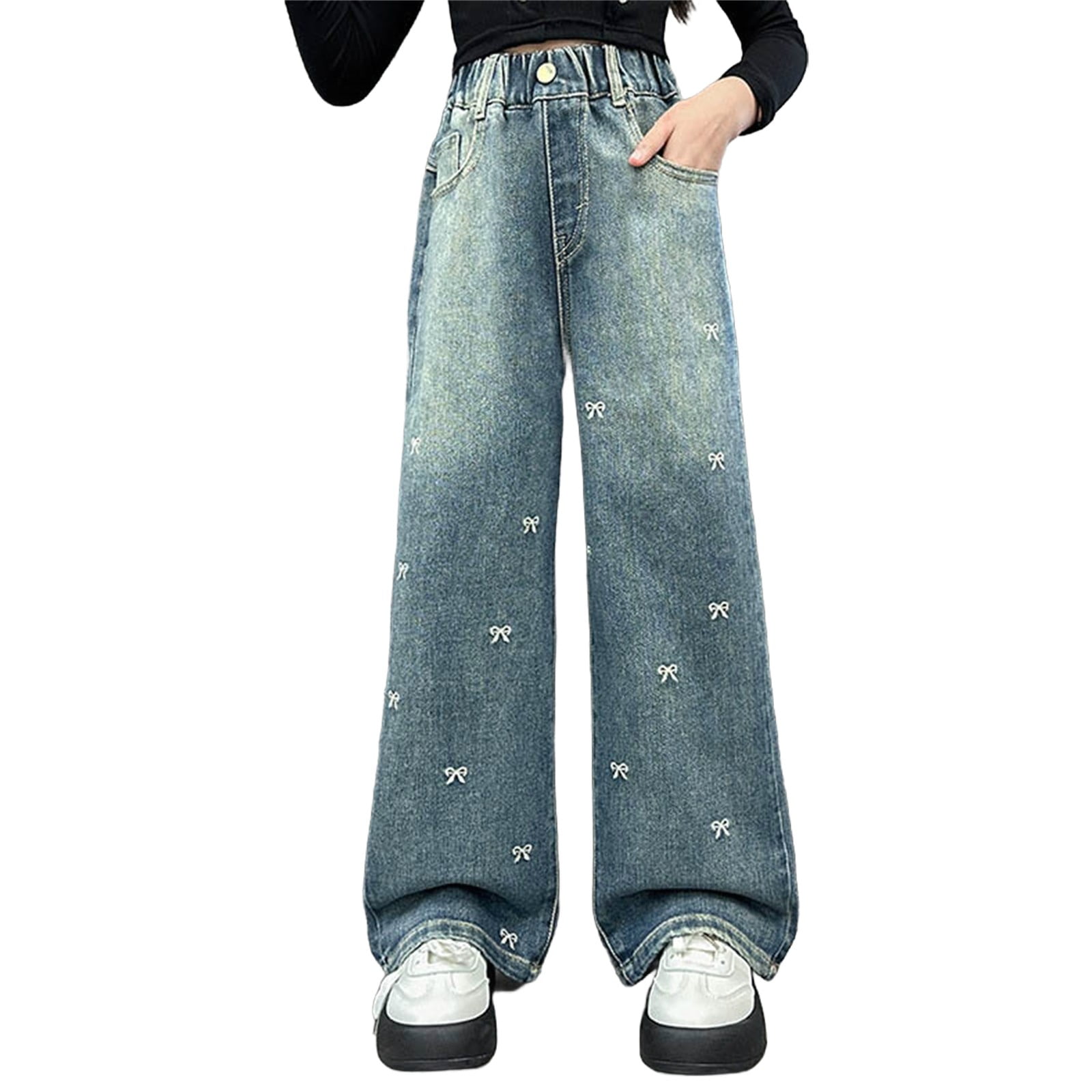 Coerni Tween Girls Wide Leg Jeans Bow Embroidered Denim Pants Vintage ...