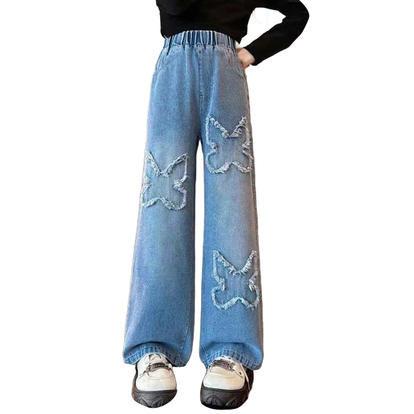 Coerni Youth Girls Baggy Jeans Wide Leg Trousers Butterfly Patchwork ...