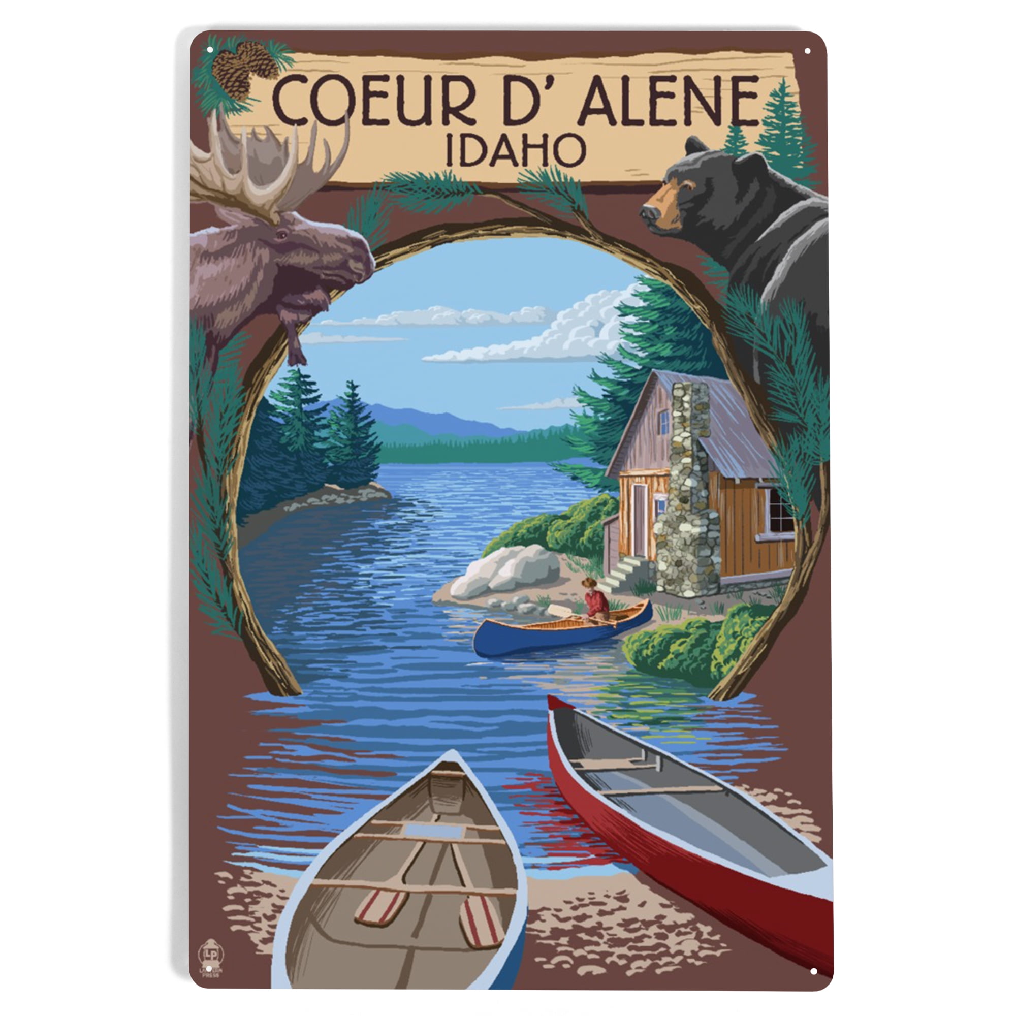 Coeur d'Alene, Idaho, Cabin on the Lake, Montage (12x18 Aluminum Art ...