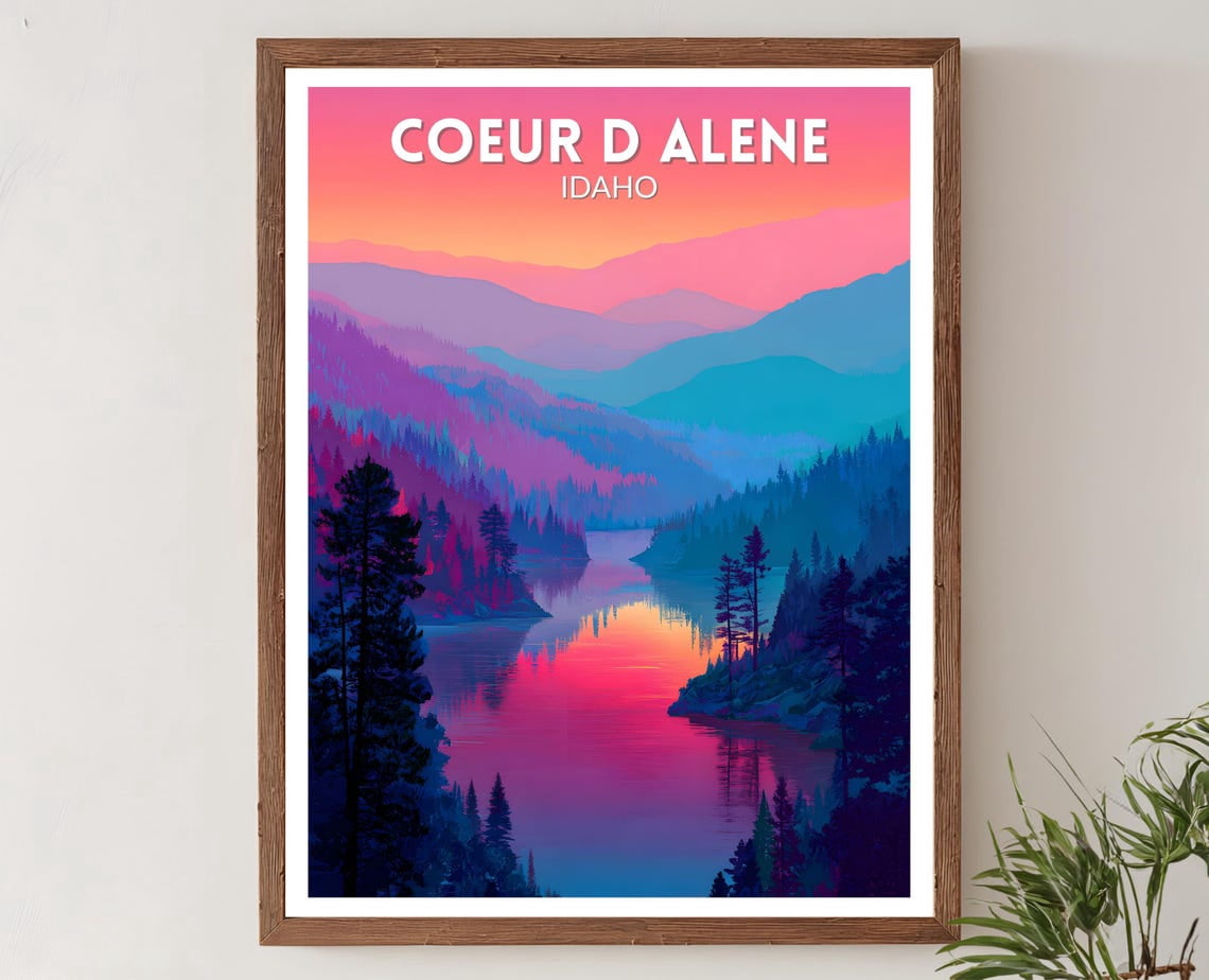 Coeur d Alene Idaho Vibrant Travel Retro Futuristic Colorful Lake ...