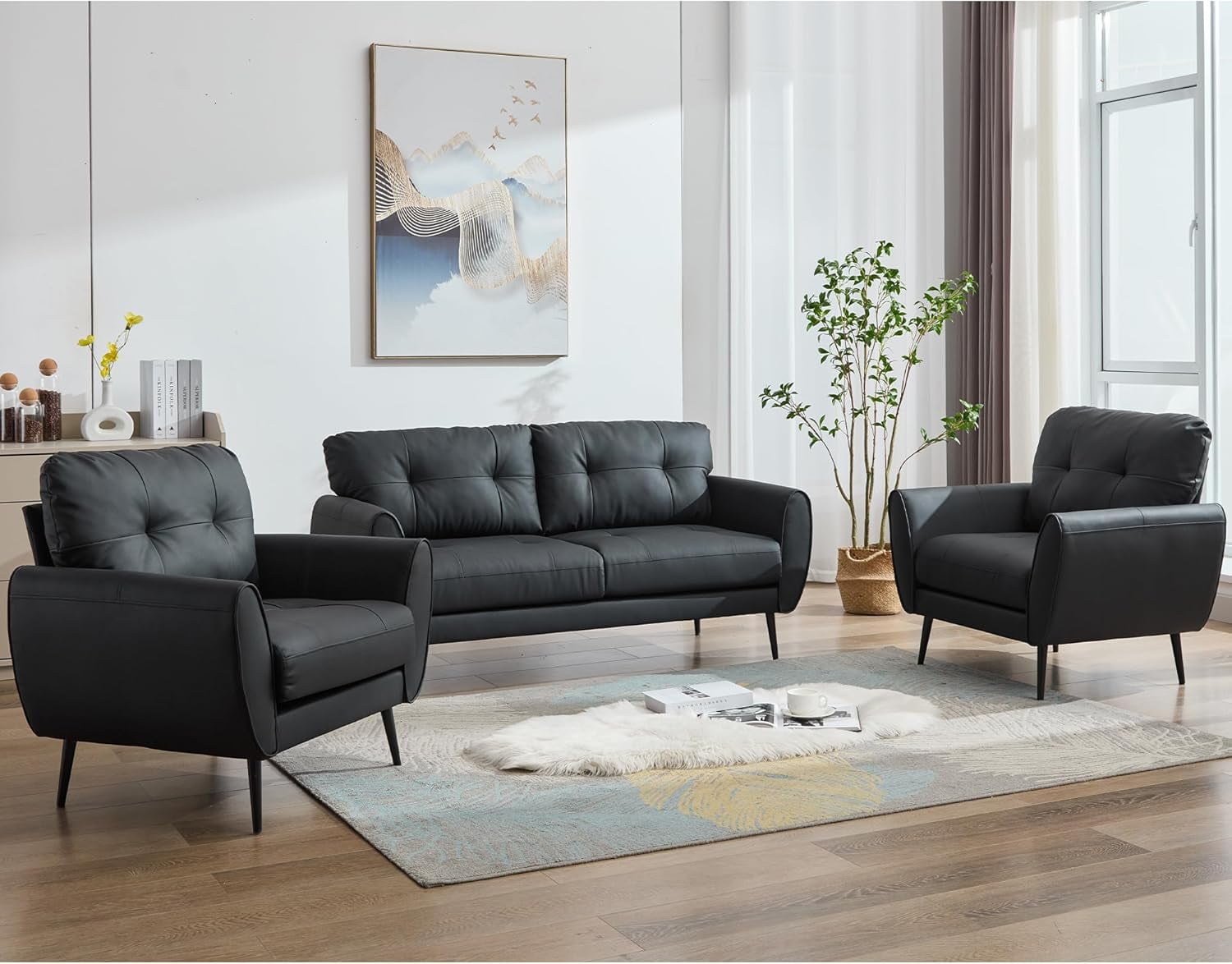 Coewske 3PCS Faux Leather Sofa Set Loveseat Couch & 2 Chairs for Living ...