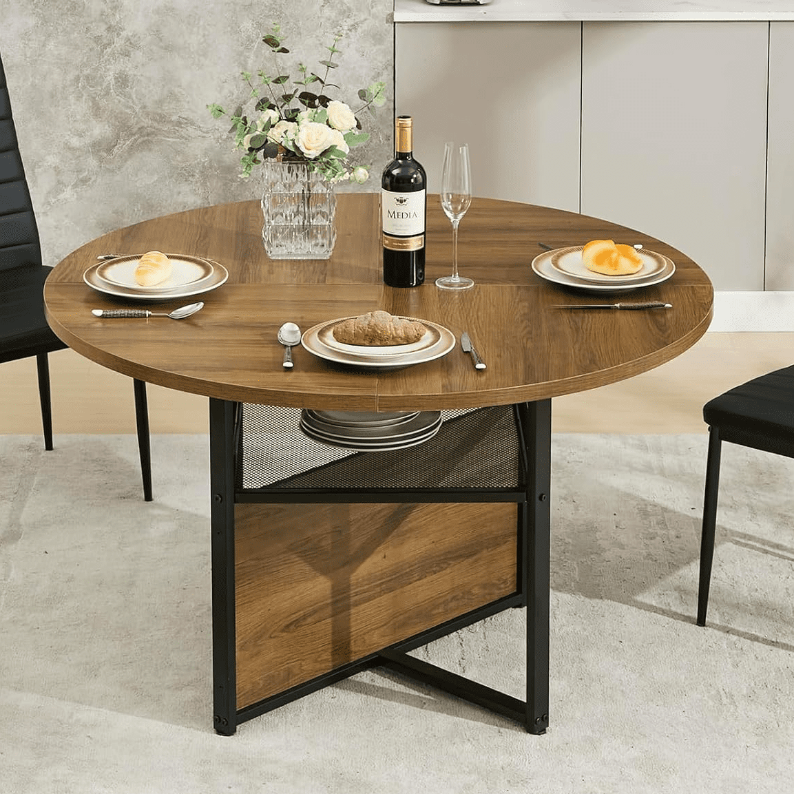 Coewske 47-inch Rustic Round Kitchen Dining Table for 4-6 w/ Storage ...