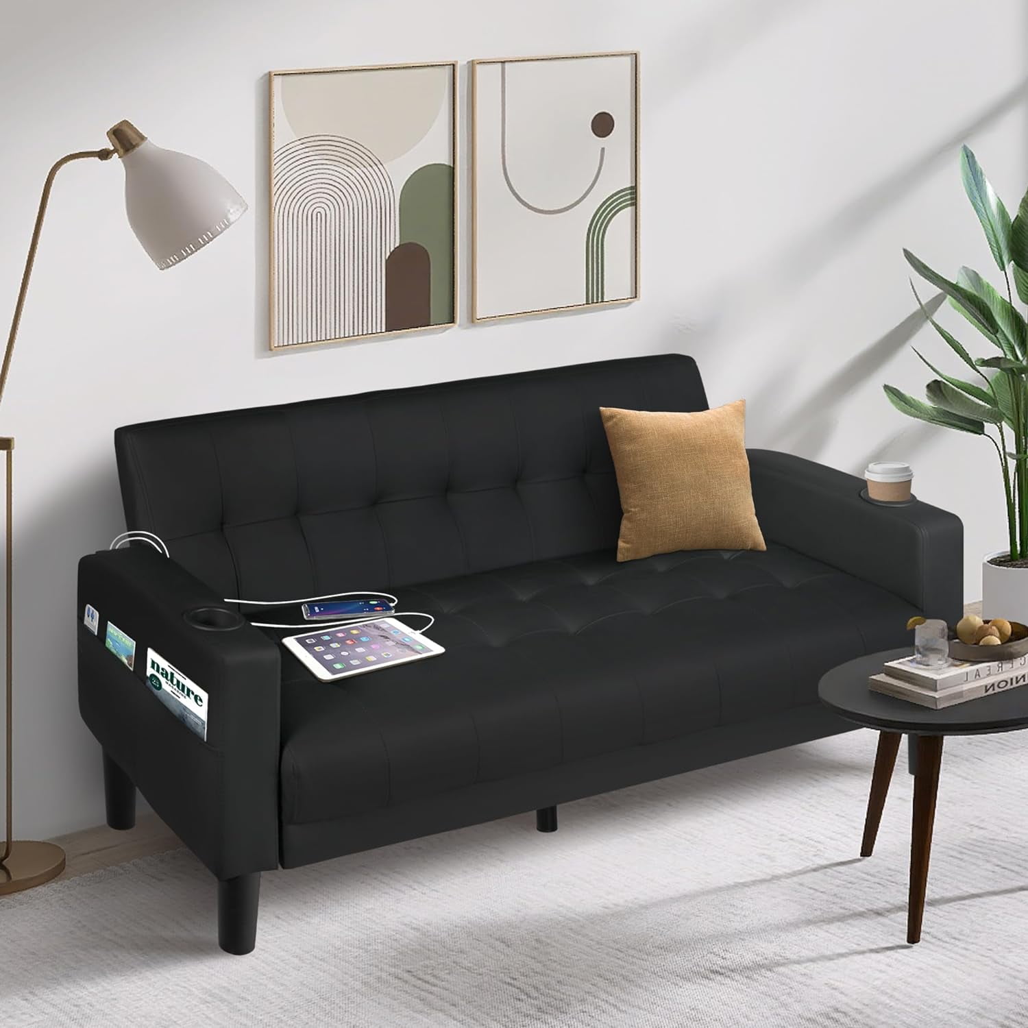 Coewske 62''W Faux Leather Sofa Couch Tufted Loveseat w/ 2 USB Charger ...