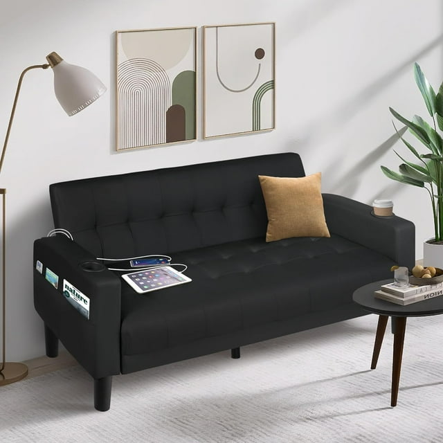 Coewske 62''W Faux Leather Sofa Couch Tufted Loveseat w/ 2 USB Charger ...