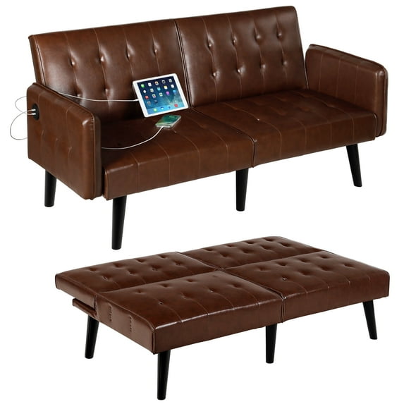 Coewske 63'' Modern Leather Convertible Futon Sofa Bed Sleeper, Brown ...
