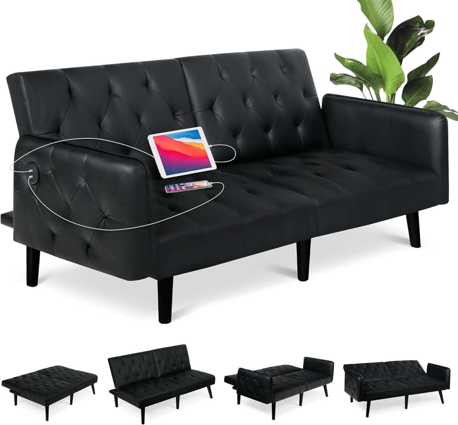 Coewske 63'' Faux Leather Convertible Futon Sofa Bed, Black, w/ 2 USB ...