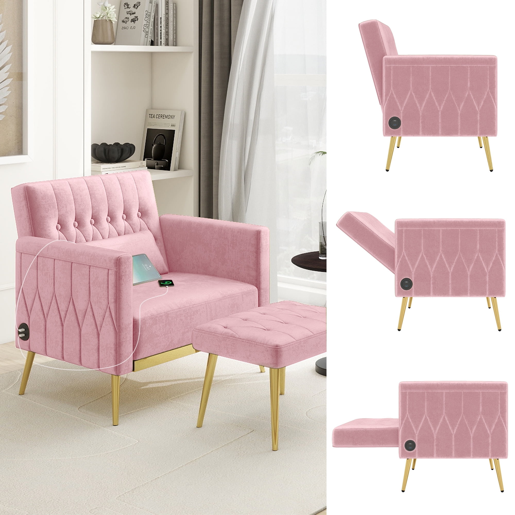 Coewske Lamb Wool Accent Chair & Ottoman Set Recliner Lounge Chair w ...