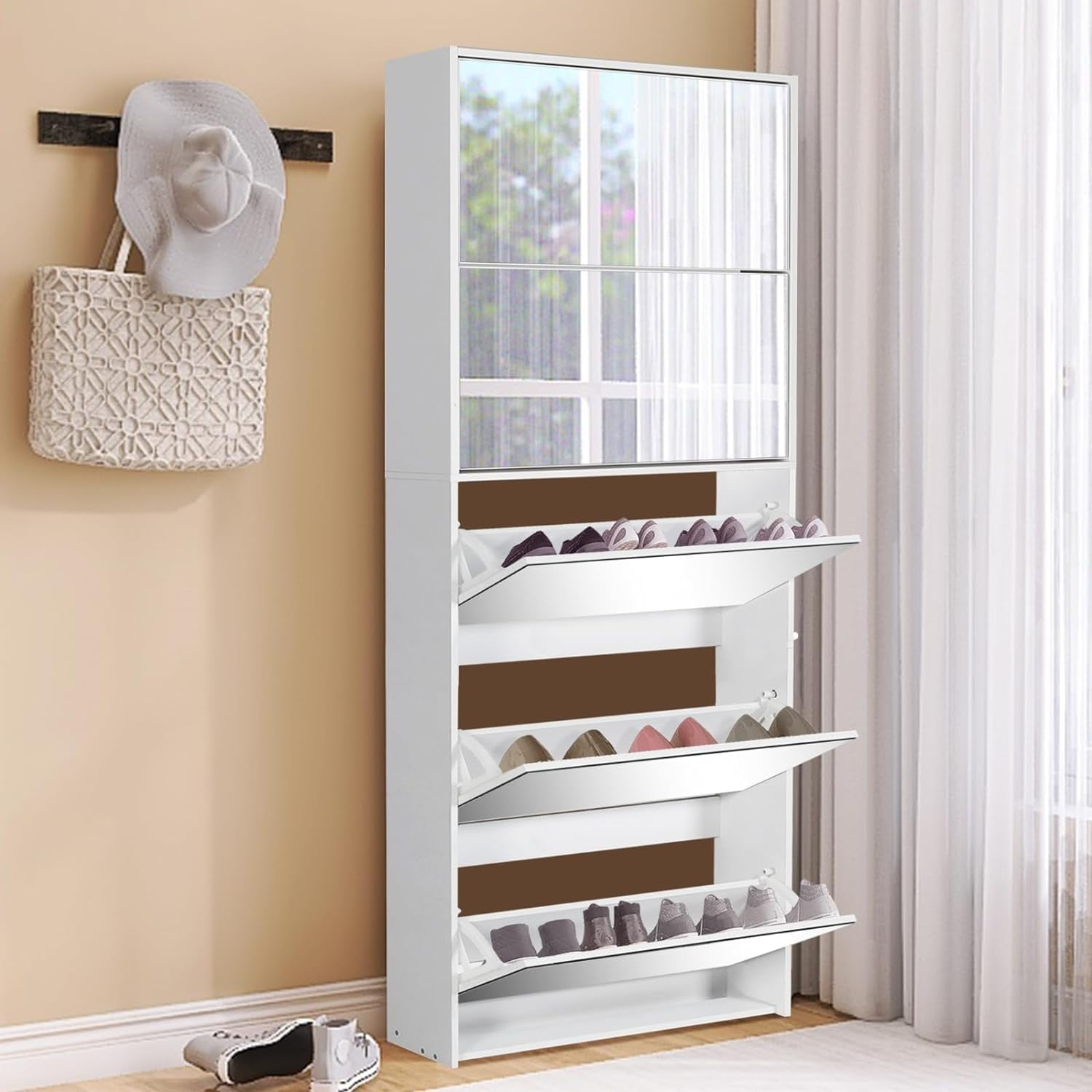 Coewske Mirrored Shoe Rack Organizer with 5 Flip Drawers, Slim Shoe ...