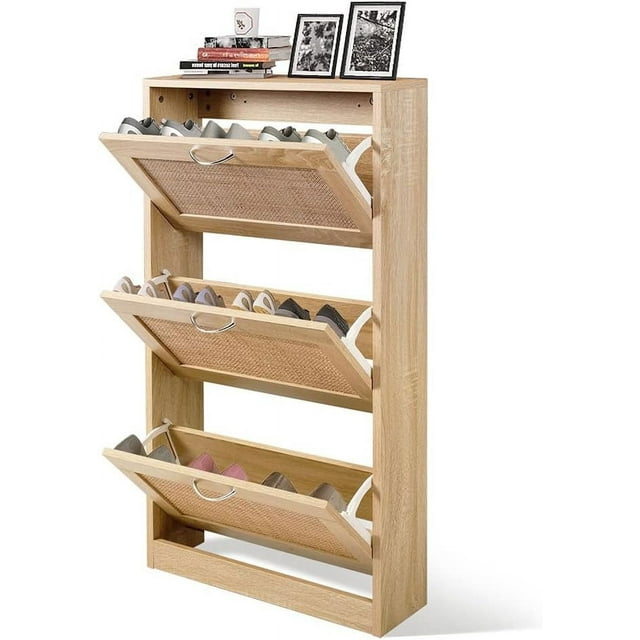 Coewske Slim 3 Tier Entryway Shoe Cabinet Narrow Wooden Storage Shoe ...