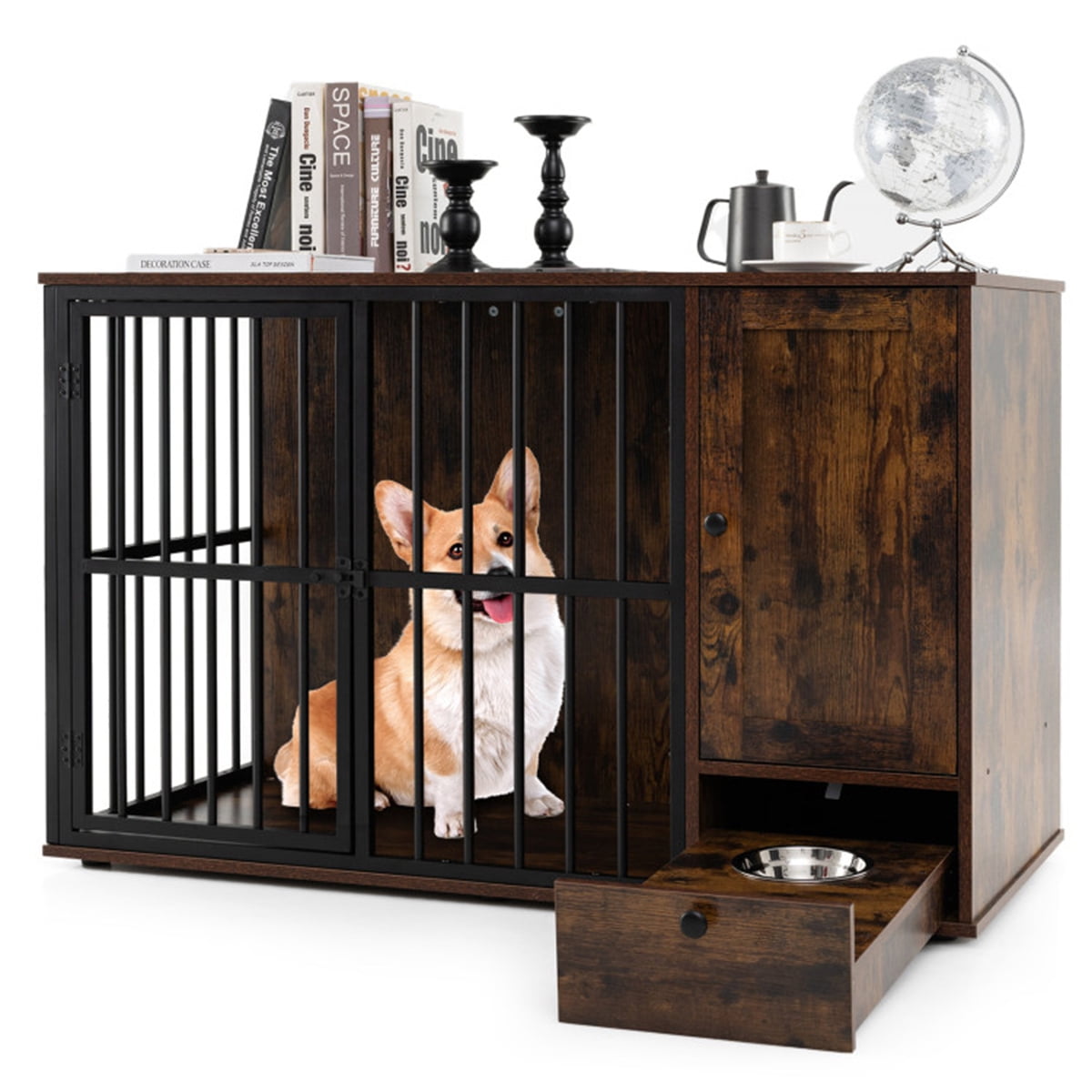Coffee 2-in-1 Dog Crate End Table with Pull-Out Feeder, Chew-Resistant ...