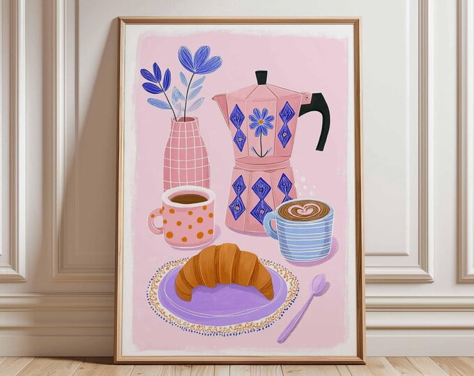 Coffee And Croissant Colorful Breakfast Wall Art Print, Unframed Paper ...