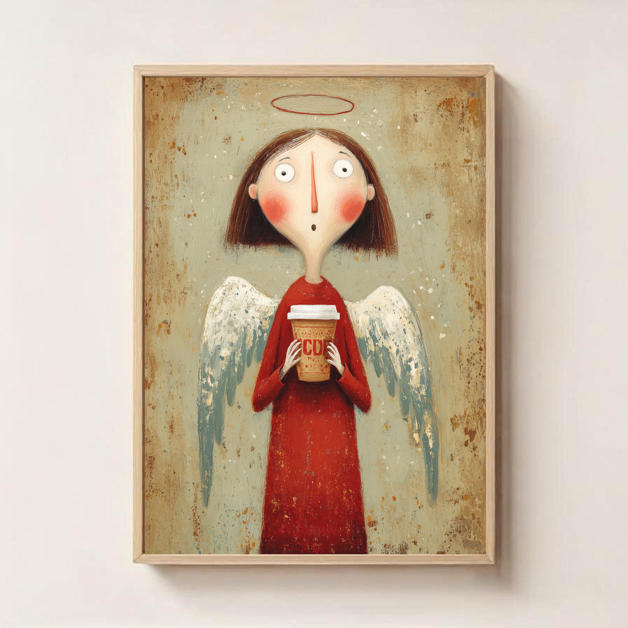 Coffee Angel Wall Art – Guardian Angel With Coffee Print, Quirky Poster ...