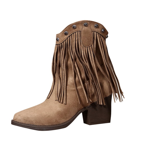 Coffee Ankle Boots For Womens Tassel Metal Pointed Thick Heel Mid Heel ...