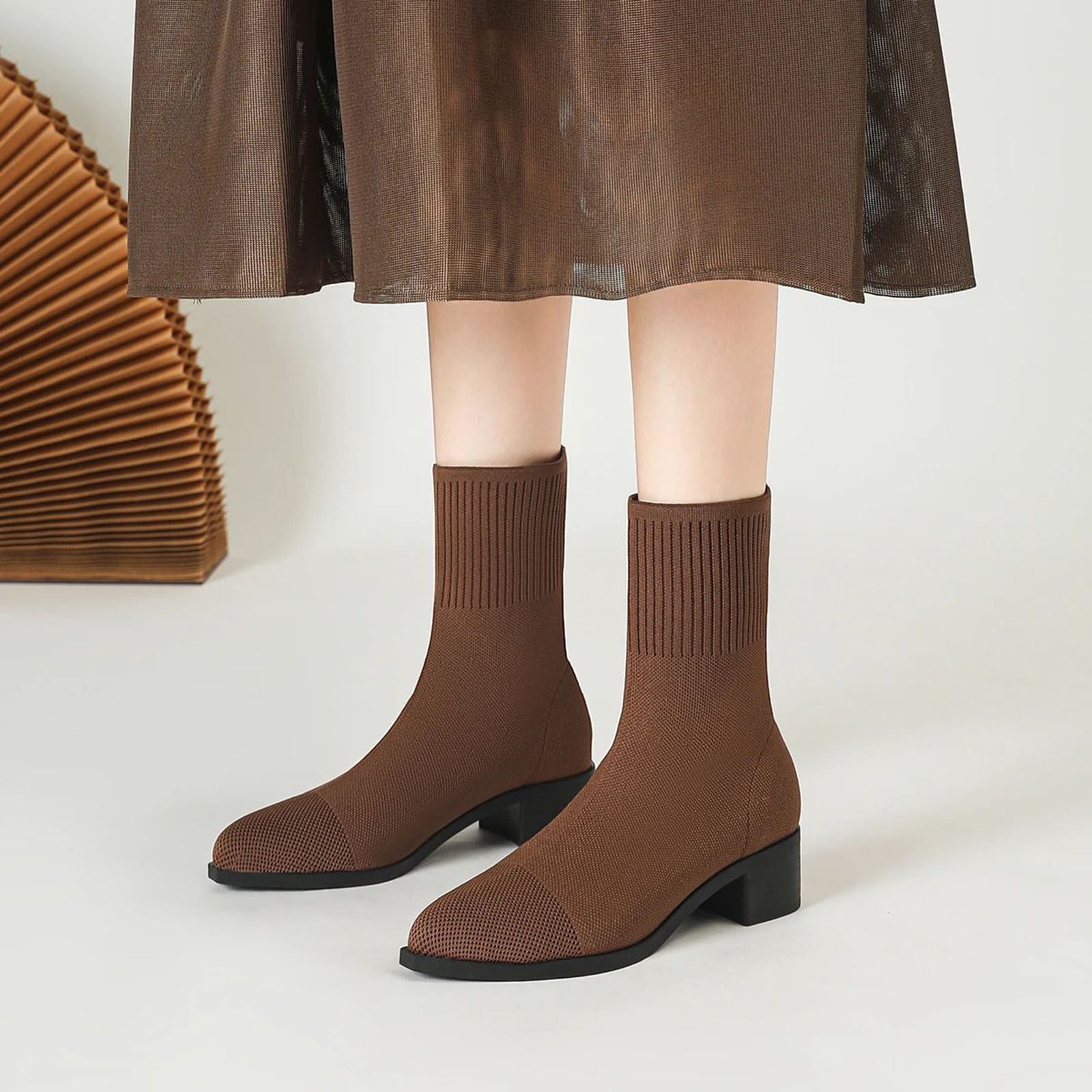 Coffee Ankle Sock Boots For Ladies Solid Color Knit Stretch Casual ...