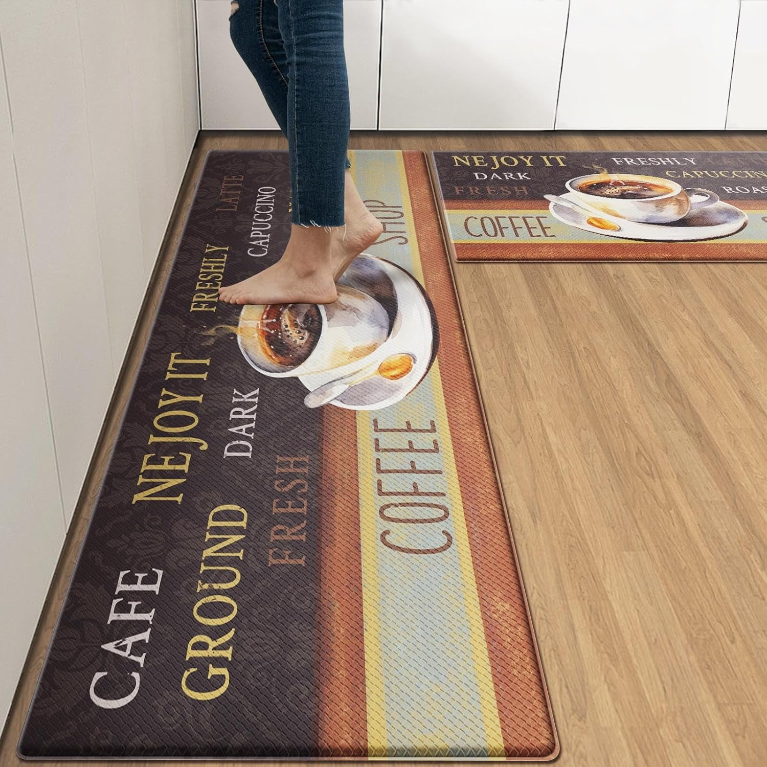 Coffee Anti-Fatigue Kitchen Rug Set of 2 Cafe Brown Retro Farmhouse ...
