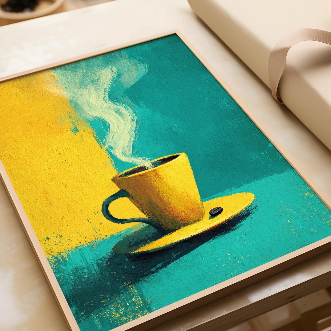 Coffee Art Turquoise Yellow Cafe Wall Art Poster Unframed Paper Print ...