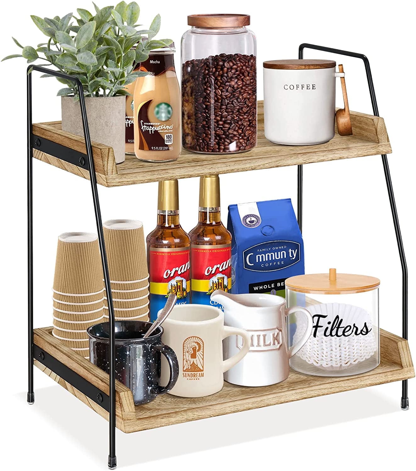 Emapoy Coffee Bar Organizer, 2-Tier Countertop Shelf, Brown Rustic Wood ...