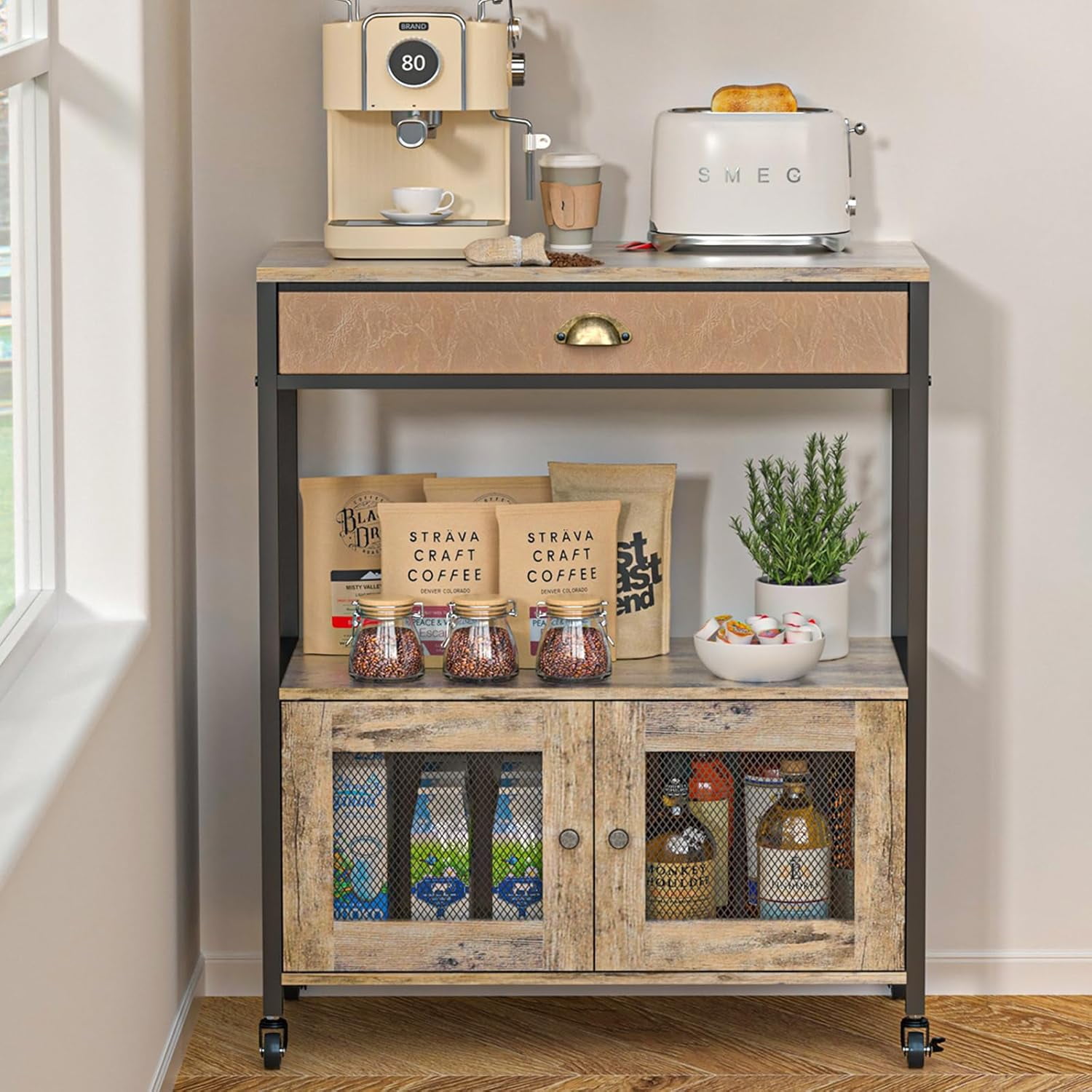 Coffee Bar Cabinet，3 Tiers Kitchen Coffee Cart with Drawer for The Home ...