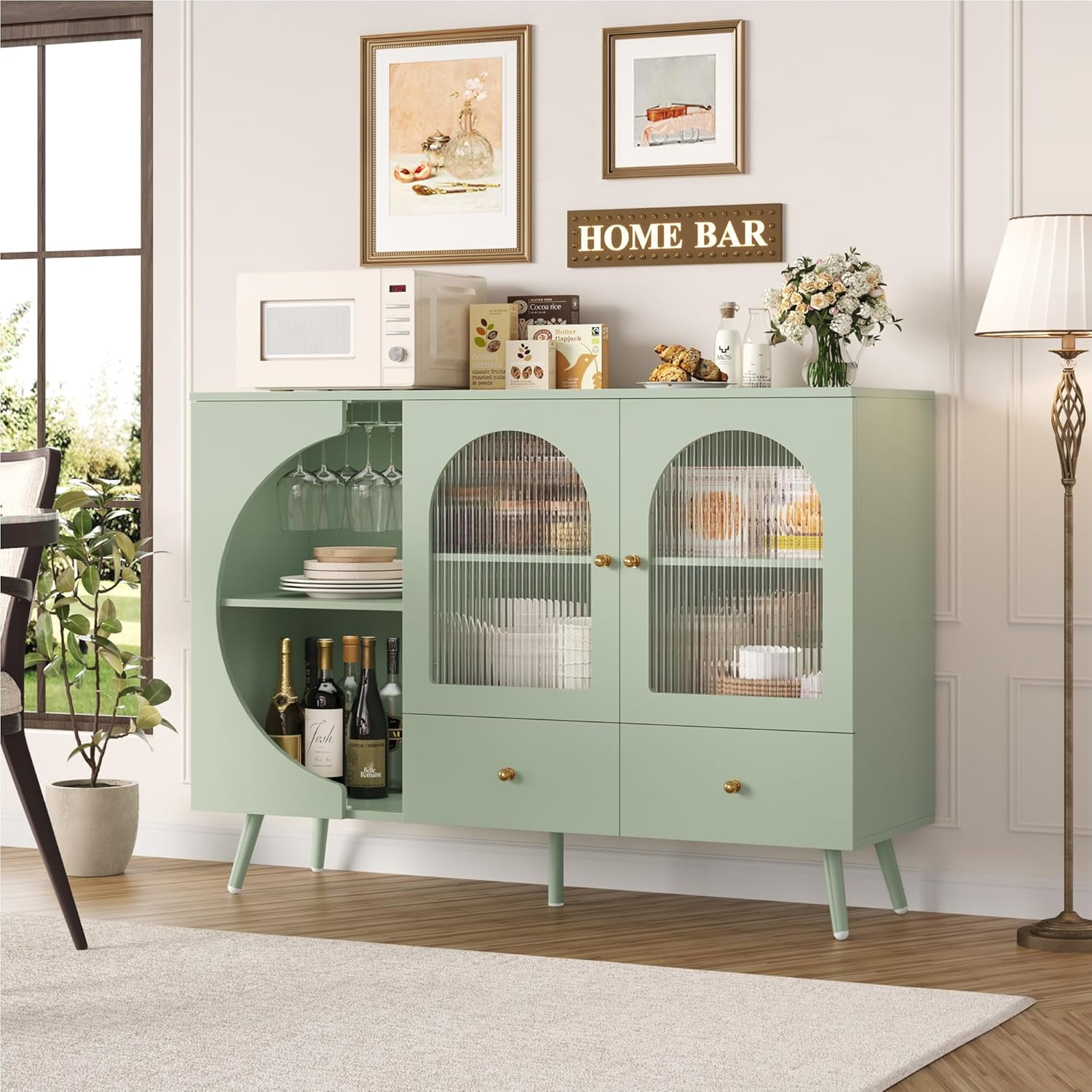 Coffee Bar Cabinet, Buffet Sideboard Cabinet with 2 Drawers and Fluted ...